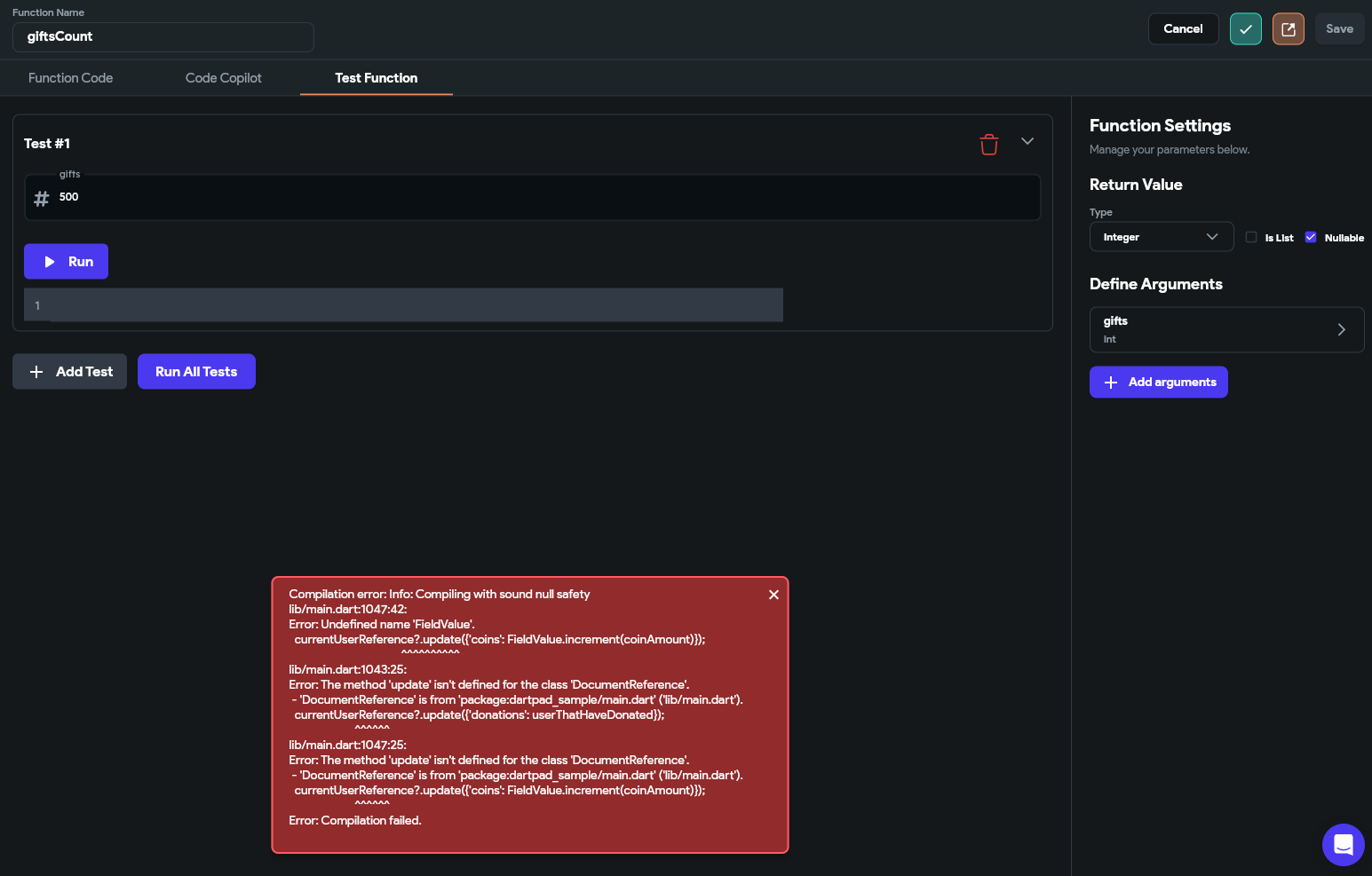 Test Function In Custom Function Broken · Issue 1680 · Flutterflow Flutterflow Issues · Github