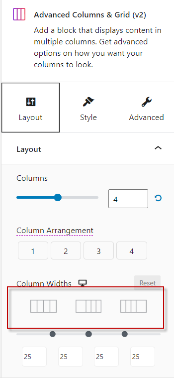 V2 Advanced Columns And Grid Column Widths Selection Is In A Single Column Instead Of Three