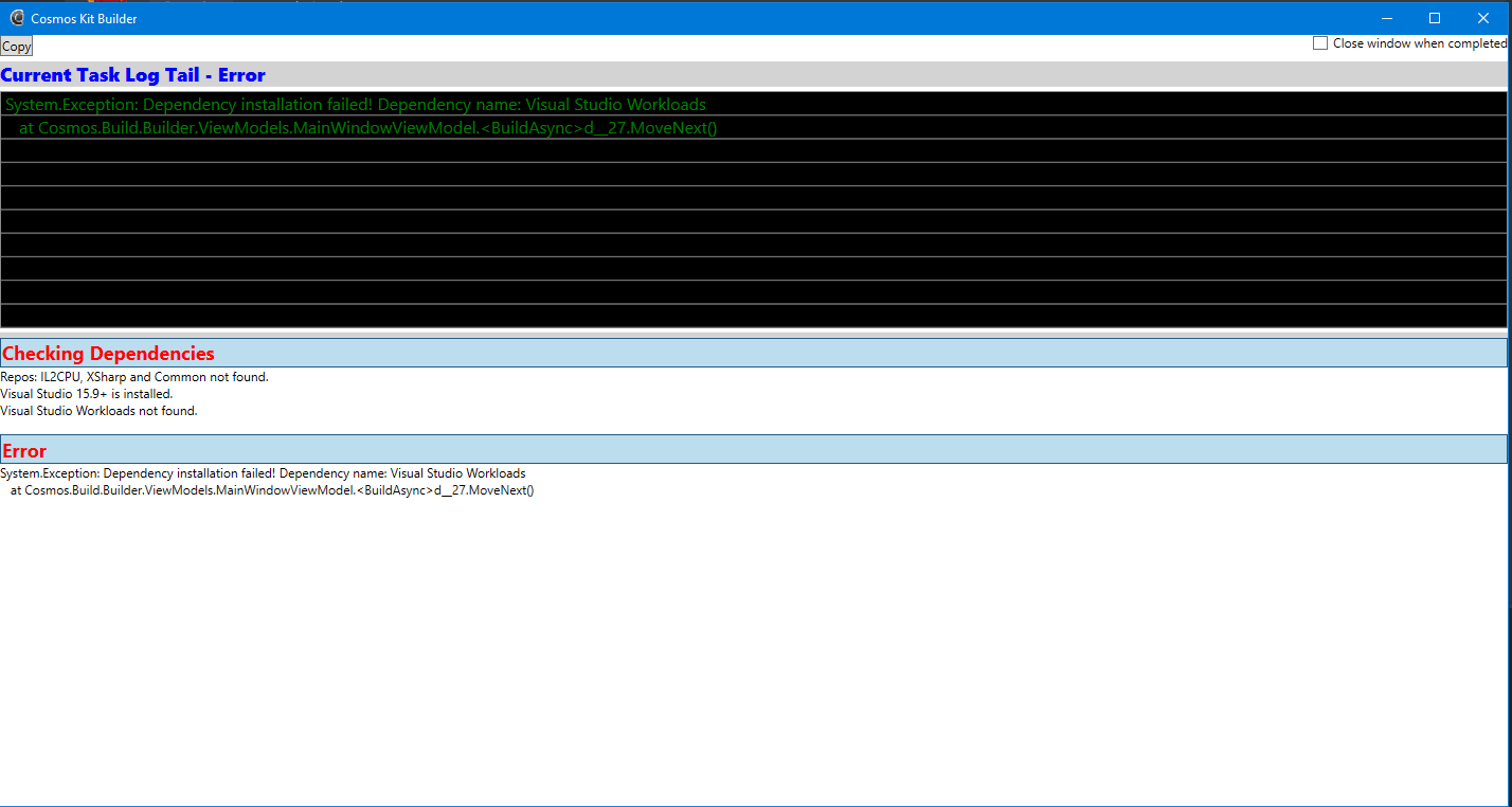 Cosmos Devkit wont install stuck on Installing Visual Studio Workloads ...