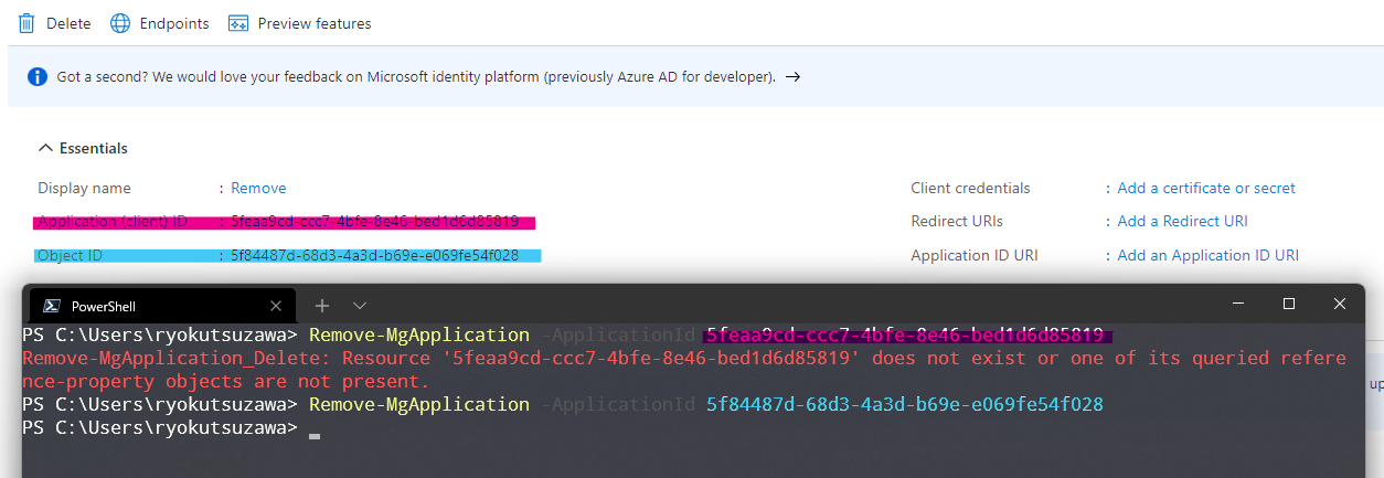 Remove-MgApplication needs the Object ID of a application, not the Application ID · Issue #992 ...