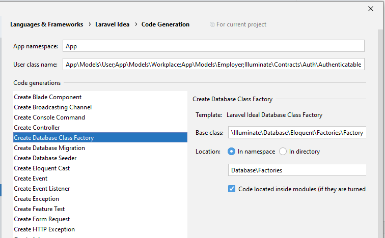 No namespace specified for Database Class Factory creation · Issue #156 · laravel-idea/plugin ...