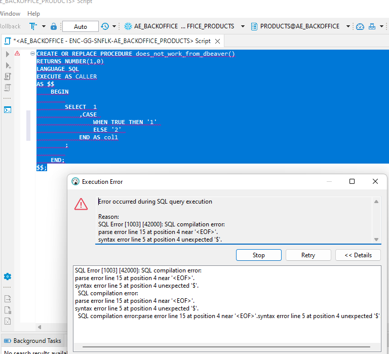 Snowflake procedure creation fails in DBeaver, not in Snowflake · Issue #17636 · dbeaver/dbeaver ...