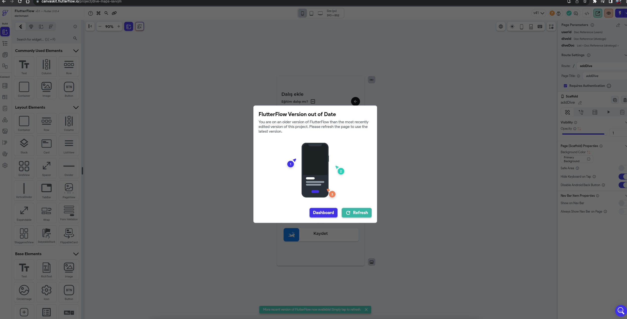 Canvaskit.flutterflow.io "new version" warning loop. Run&Test modes are ...