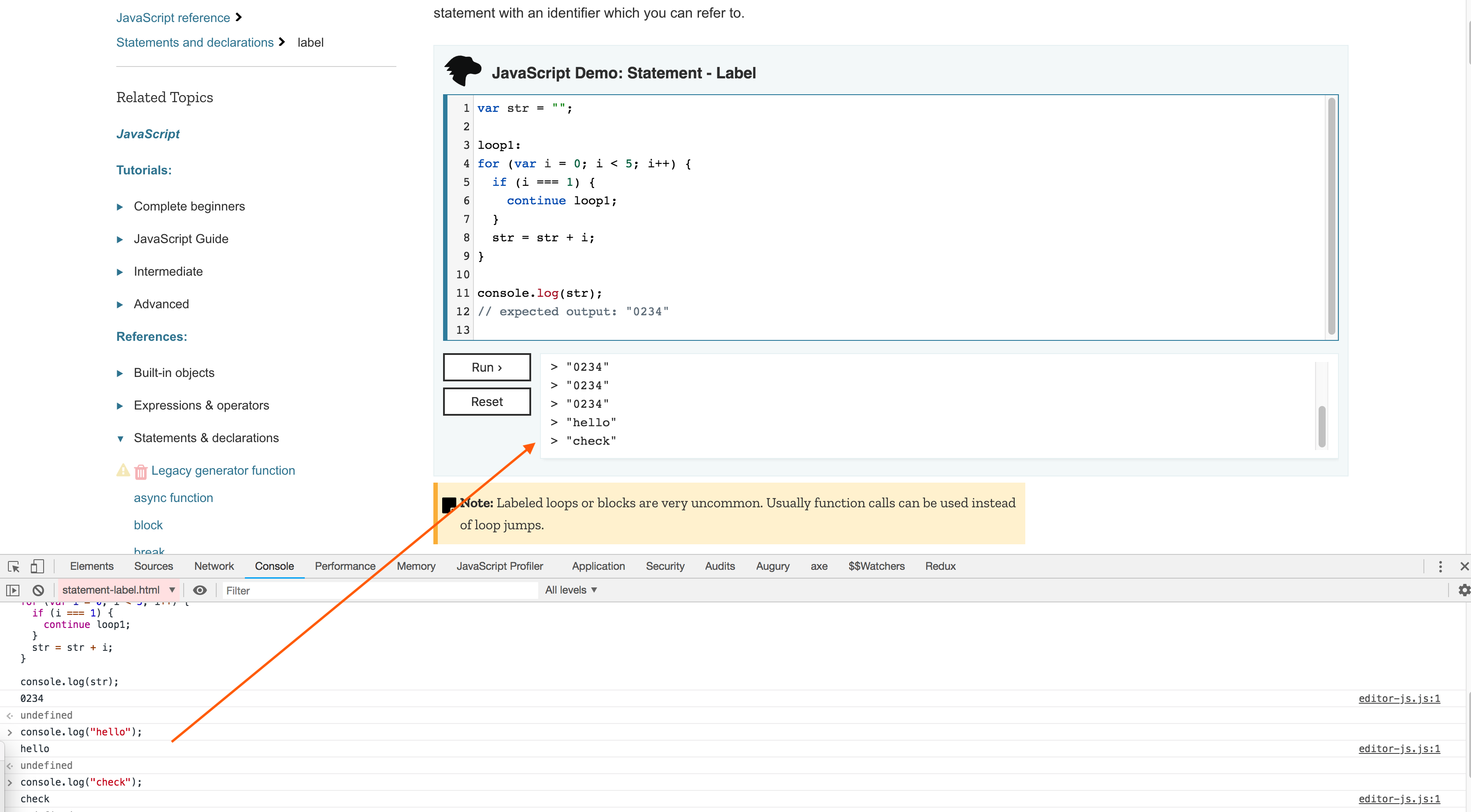In MDN Web docs, CodeMirror-code section taking console logs executed in the browsers developer ...