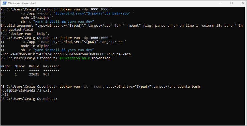 Two commands with `pwd` variable does not work for Windows users (PowerShell) in 06_bind_mounts ...