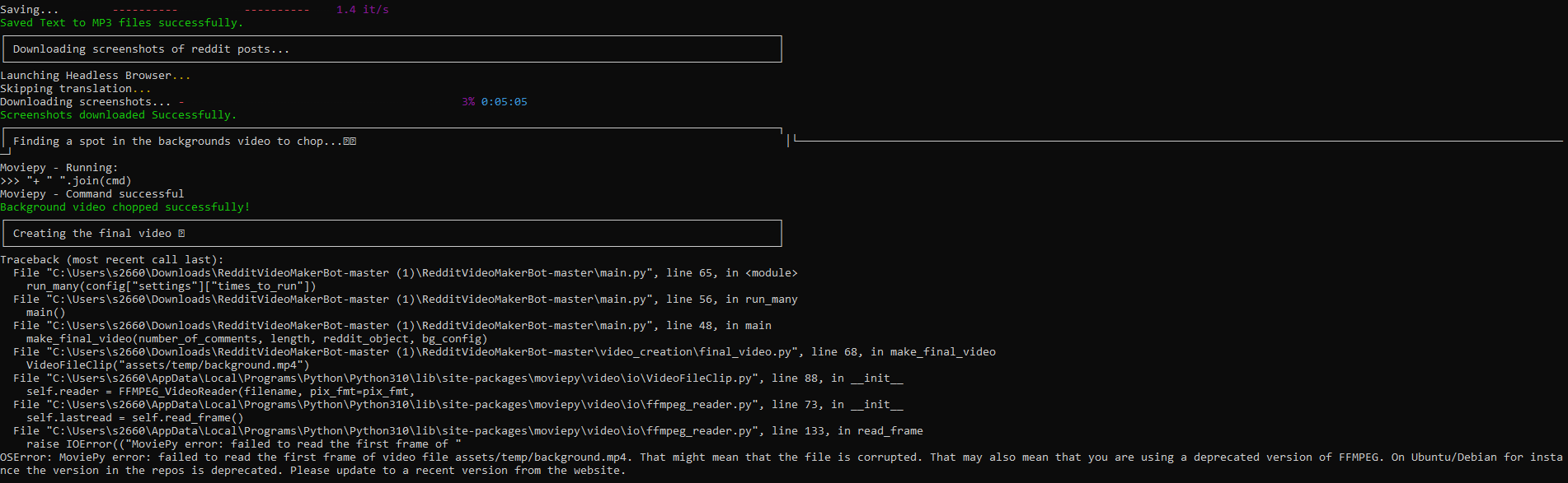 Cannot create final video · Issue #976 · elebumm/RedditVideoMakerBot · GitHub