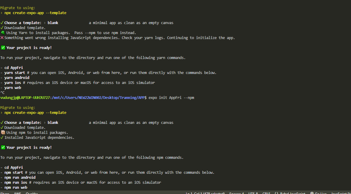 Something when wrong installing JavaScript dependencies. Check your yarn logs. Continuing to ...