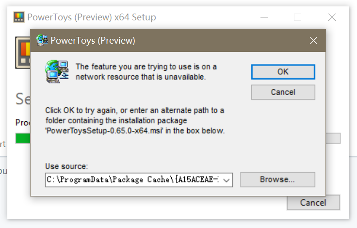 setup exe shows 'the feature you are trying to use is on a newwork resource that is unavaliable ...