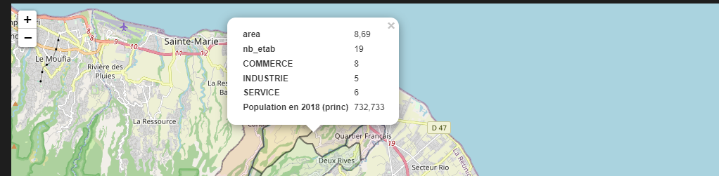 Create a folium map with a pop up window appearing when clicking a shapefile feature (converted ...