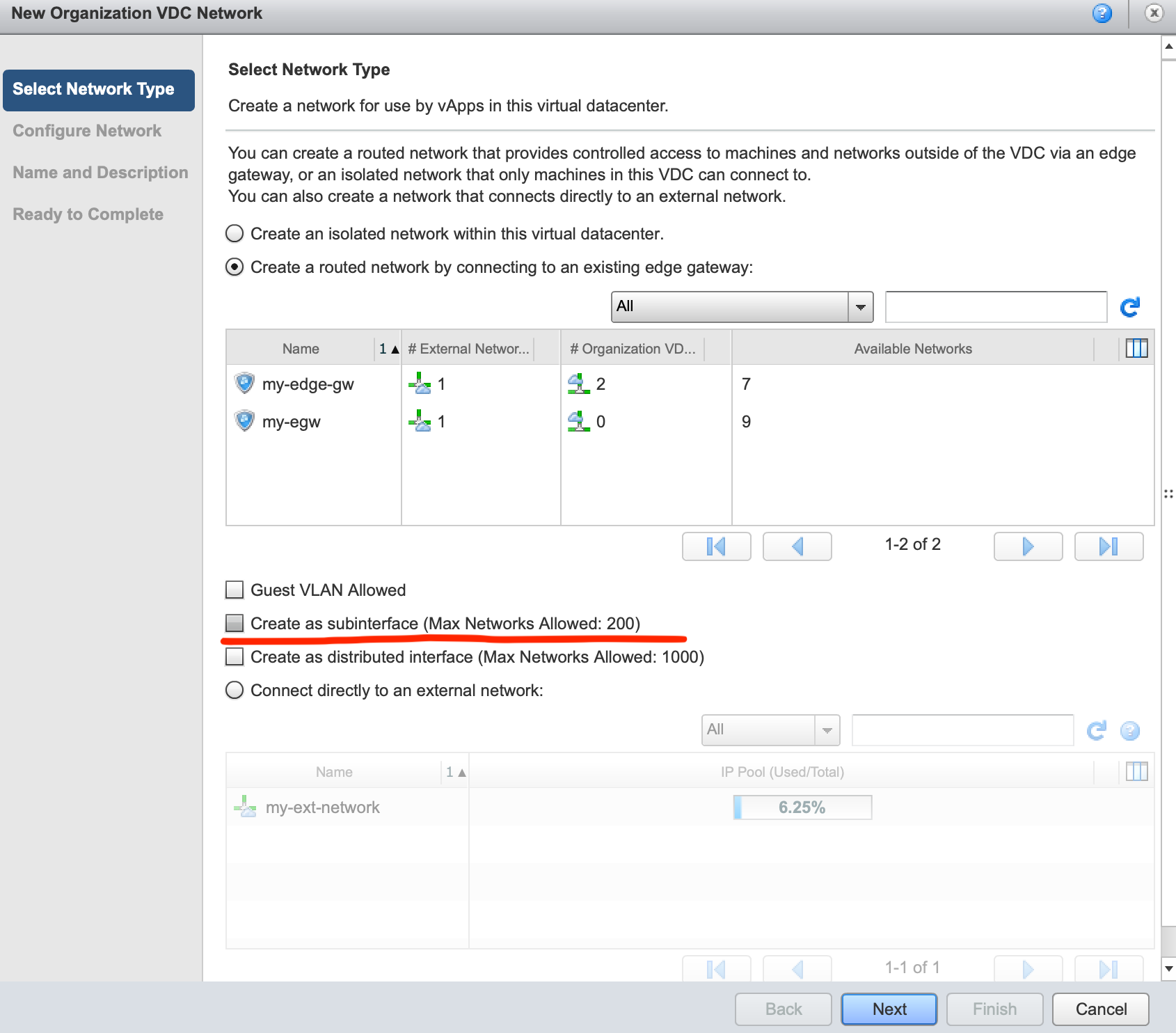 Add subinterface as interface type when creating a routed Org VDC ...