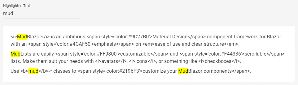 MudHighlighter: Add Markup parameter to render Text using MarkupString · Issue #6988 · MudBlazor ...
