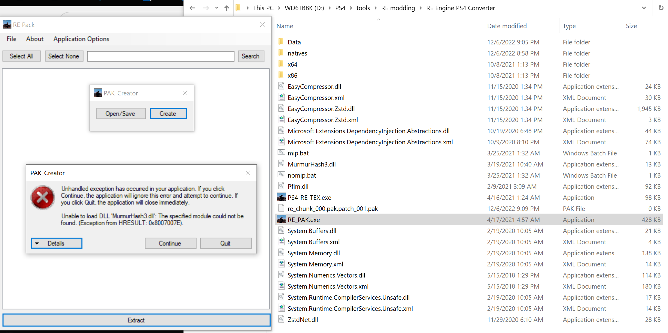 Unable to load DLL "Murmurhash3.dll" · Issue #1 · Backporter/RE-PAK · GitHub