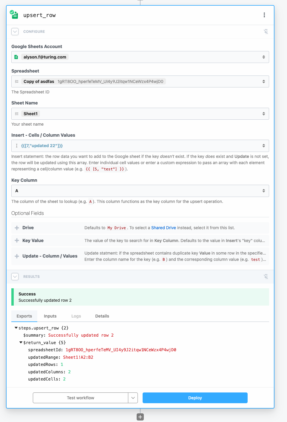 [BUG] Google Sheet - Upsert action show error Cannot read property 'updatedData' of undefined ...