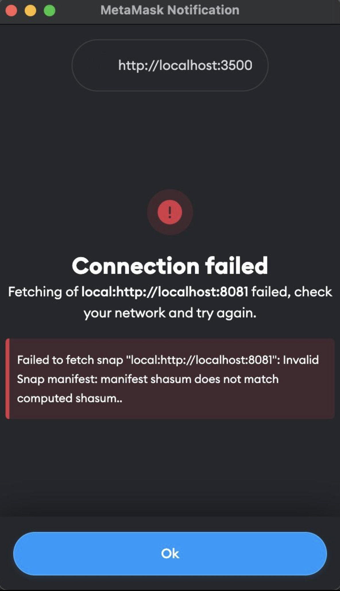 Manifest shasum does not match computed shasum · Issue #1960 · MetaMask/snaps · GitHub