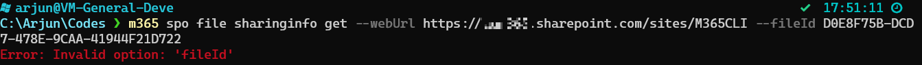 Bug Report Invalid Parameter When Executing `m365 Spo File Sharinginfo 3174