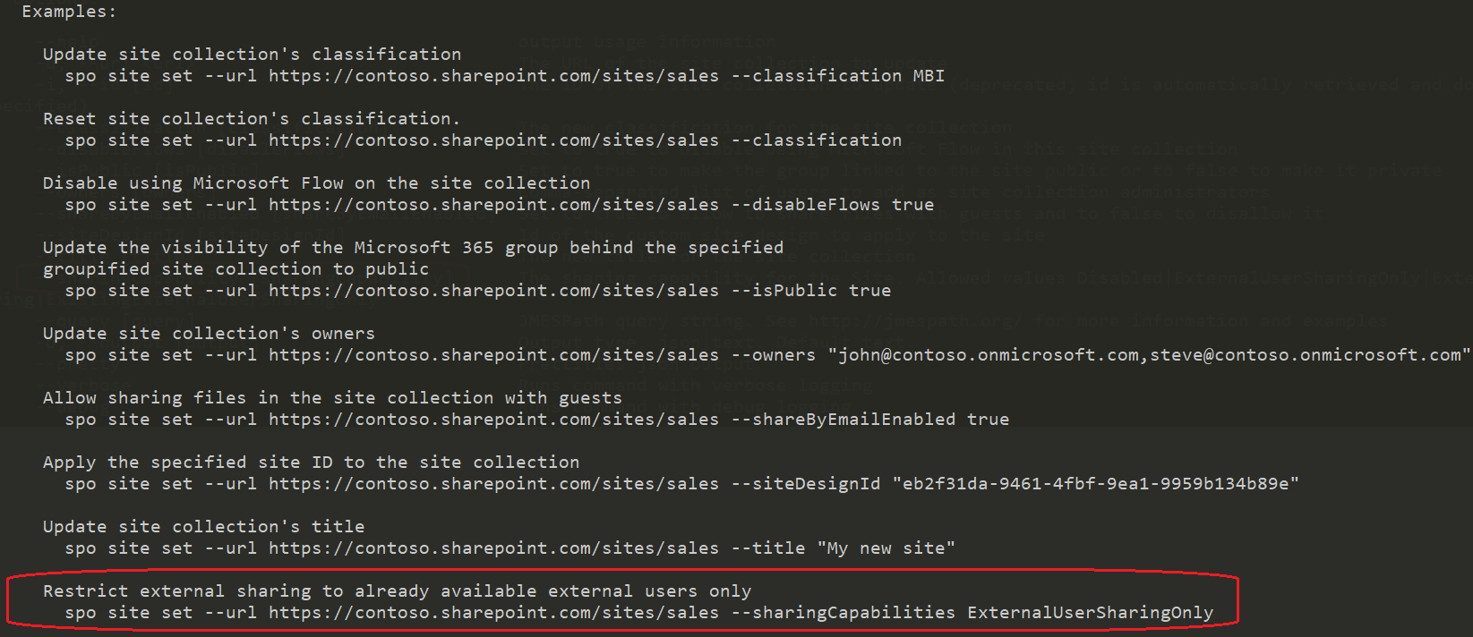 Bug Report Help Description Example Wrong For Sharingcapability In The Command Spo Site Set