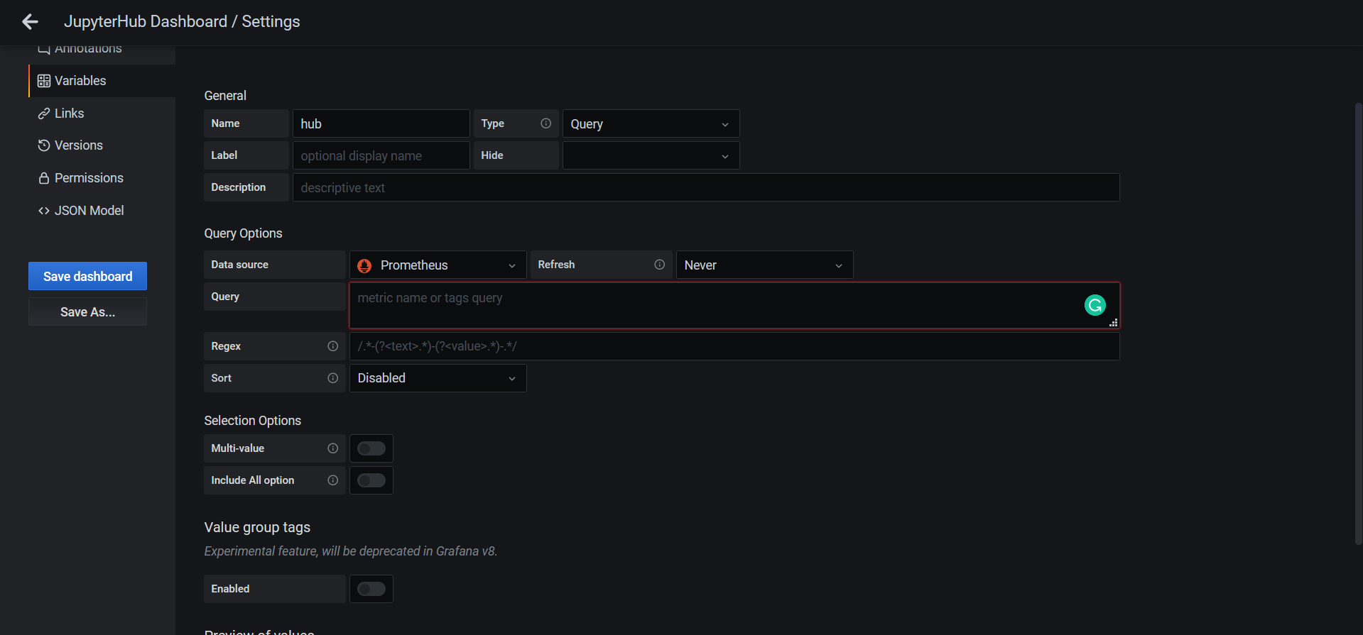 Can't update hub variable · Issue #2 · jupyterhub/grafana-dashboards · GitHub
