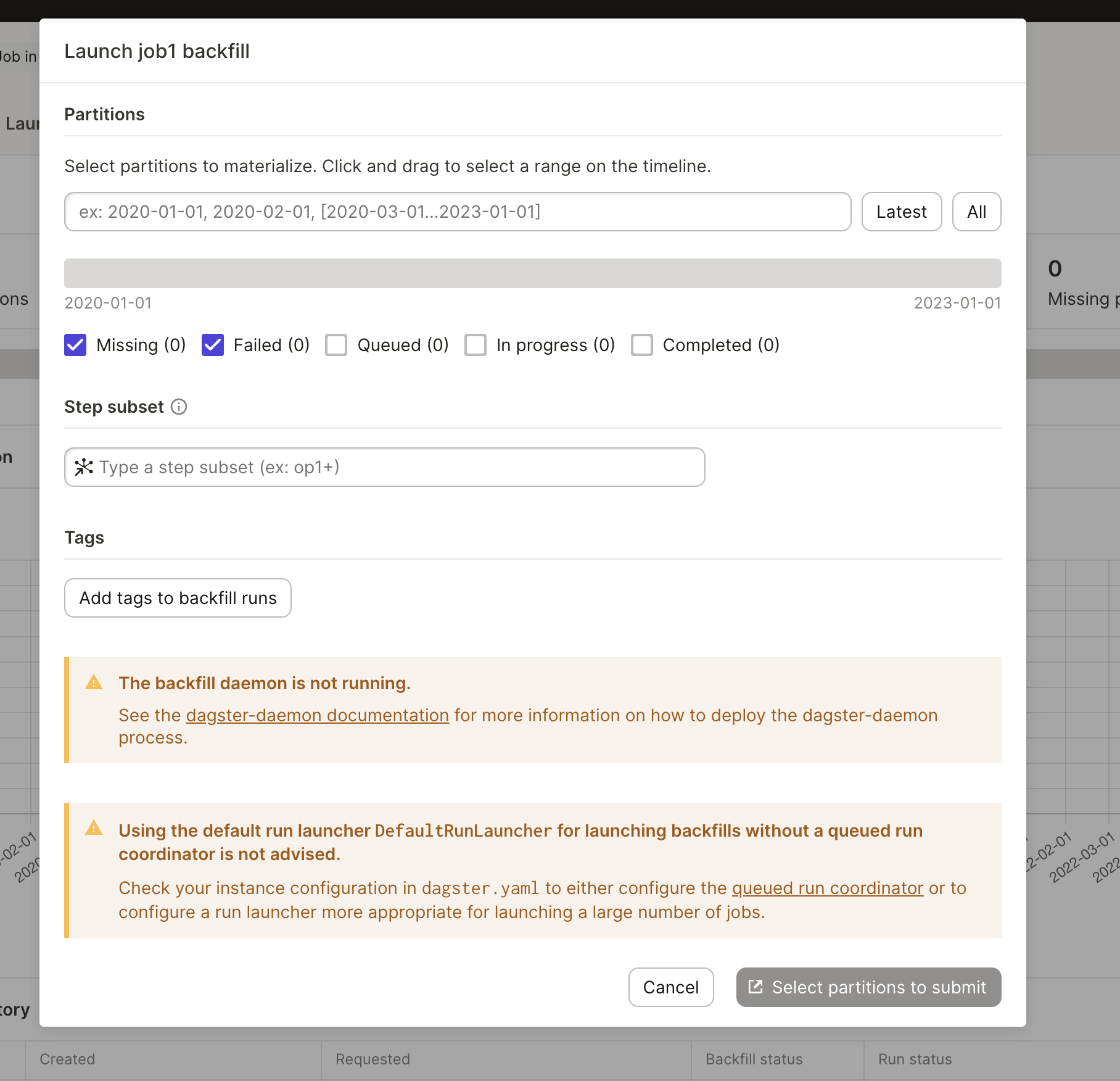 Adding tags to backfill runs from Dagit UI · Issue #11585 · dagster-io/dagster · GitHub