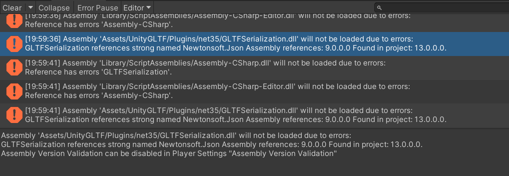 Assembly Assets/UnityGLTF/Plugins/net35/GLTFSerialization.dll will not be loaded due to errors ...