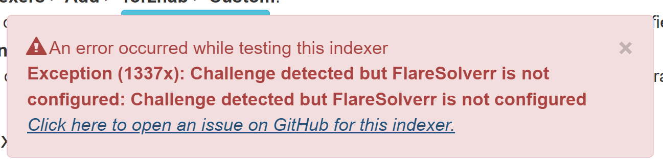 [1337x] Exception (1337x): Challenge detected but FlareSolverr is not configured: Challenge ...