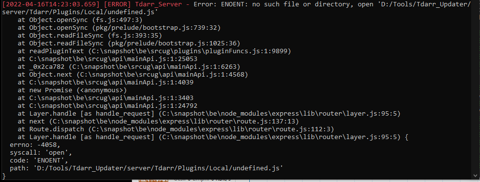 Plugins not read by server (ENOENT error) · Issue #588 · HaveAGitGat/Tdarr · GitHub