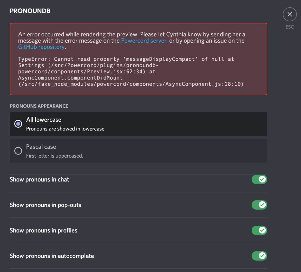 Cannot read property 'messageDisplayCompact' · Issue #9 · cyyynthia/pronoundb-powercord · GitHub