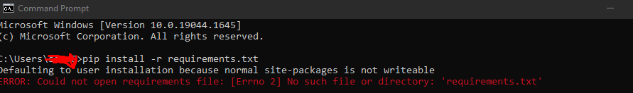 ERROR: Could not open requirements file: [Errno 2] No such file or directory: 'requirements.txt ...