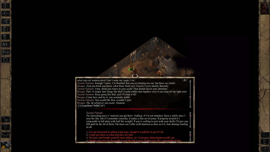 Taerom dialogue for ankheg shells (purchase or armor creation) no longer shows in an EET setup ...