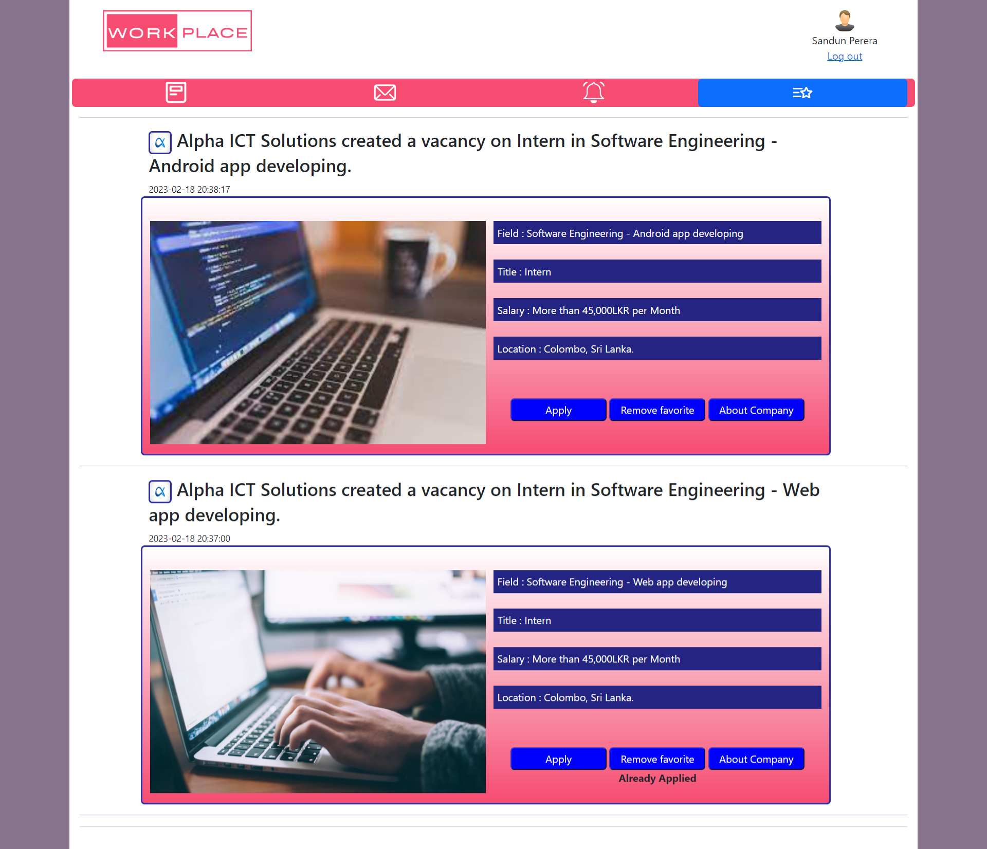 GitHub - DilukChamika/WorkPlace-Django: This is an internship management web application ...