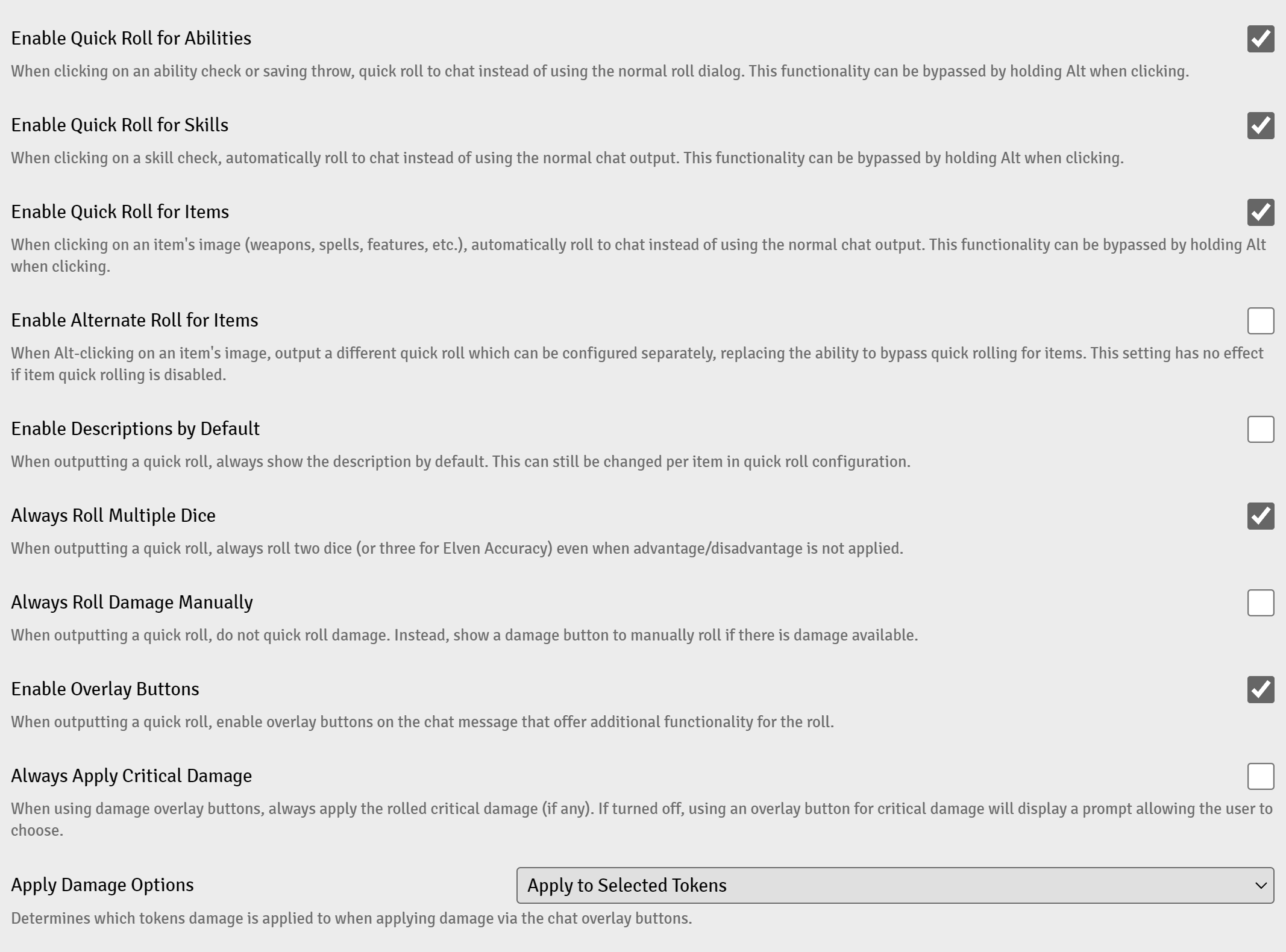 [Enhancement] Feature request: Improve dice presentation functionality as CORE checkbox options ...