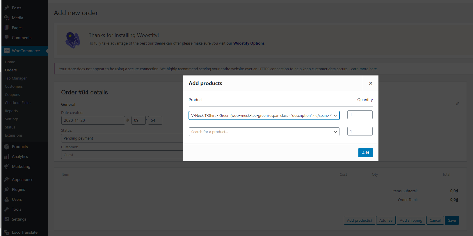WooCommerce (Order) > Orders screen > Add New Order > Select product ...