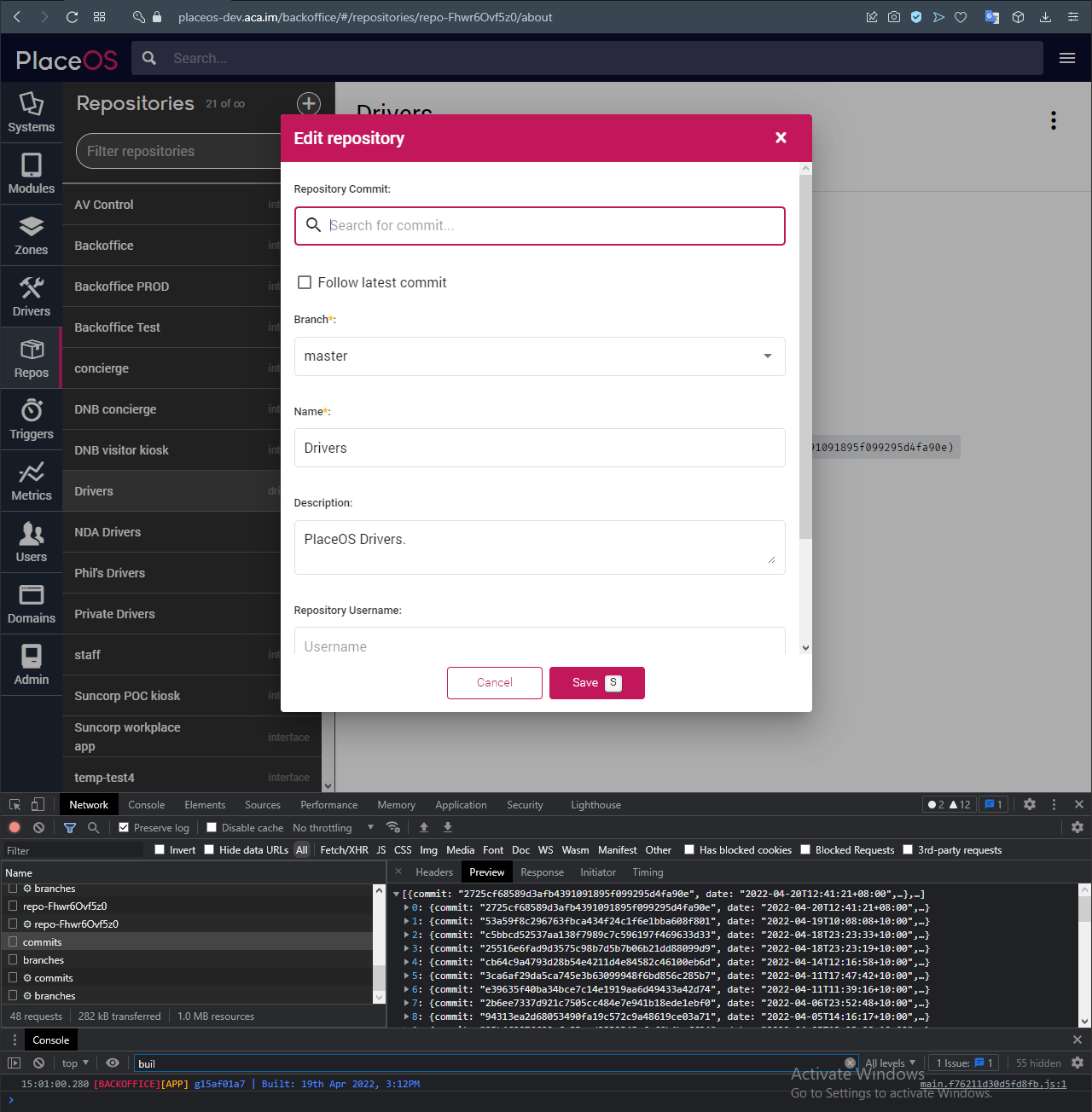 Edit Repo: Commits are not listed for selection · Issue #261 · PlaceOS/backoffice · GitHub