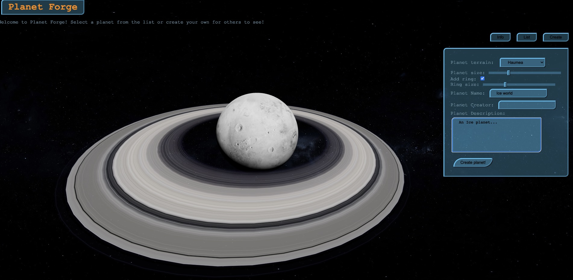 GitHub - Banzubie/PlanetForge: 3d build your own planet application made in 24 hours