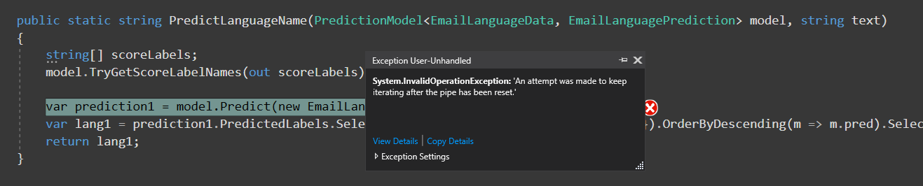 Prediction Error: An attempt was made to keep iterating after the pipe has been reset. · Issue ...