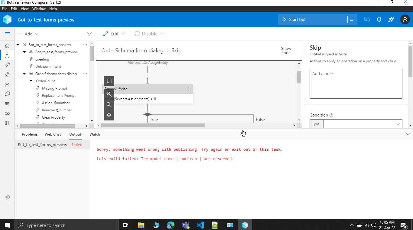 Bot Feamework Composer - Luis build failed: The model name { boolean } are reserved error when ...
