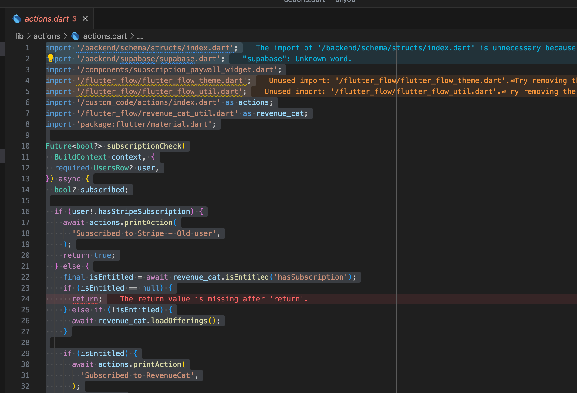 Paywall, RevenueCat in action block cause a return; with no true or ...
