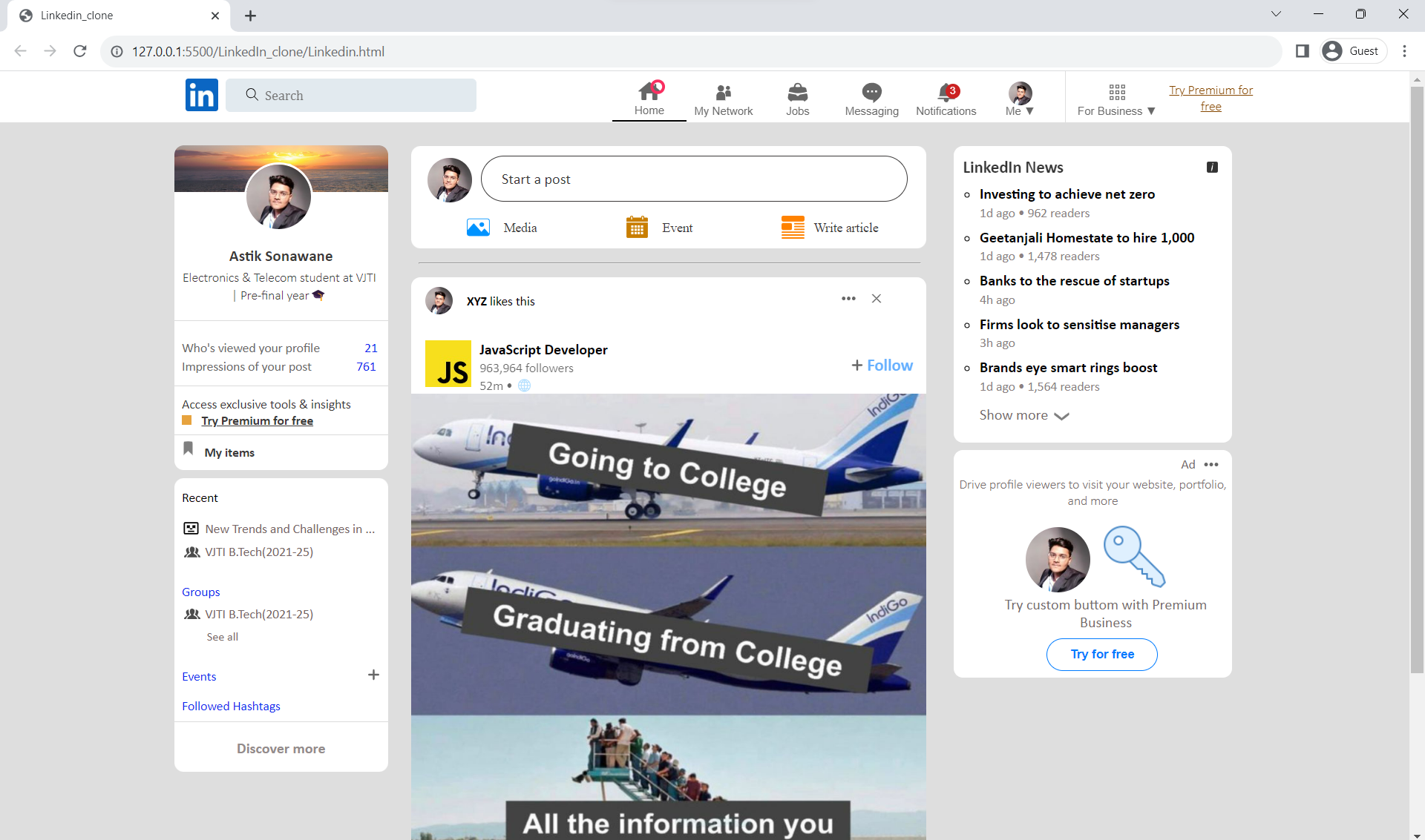 Github Astiksonawanelinkedinclone Created With The Help Of Html And Css While