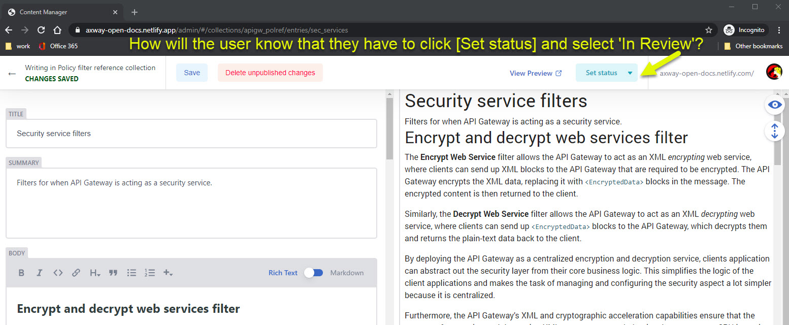 Help users to remember to change status of the page otherwise pull request won't be created ...