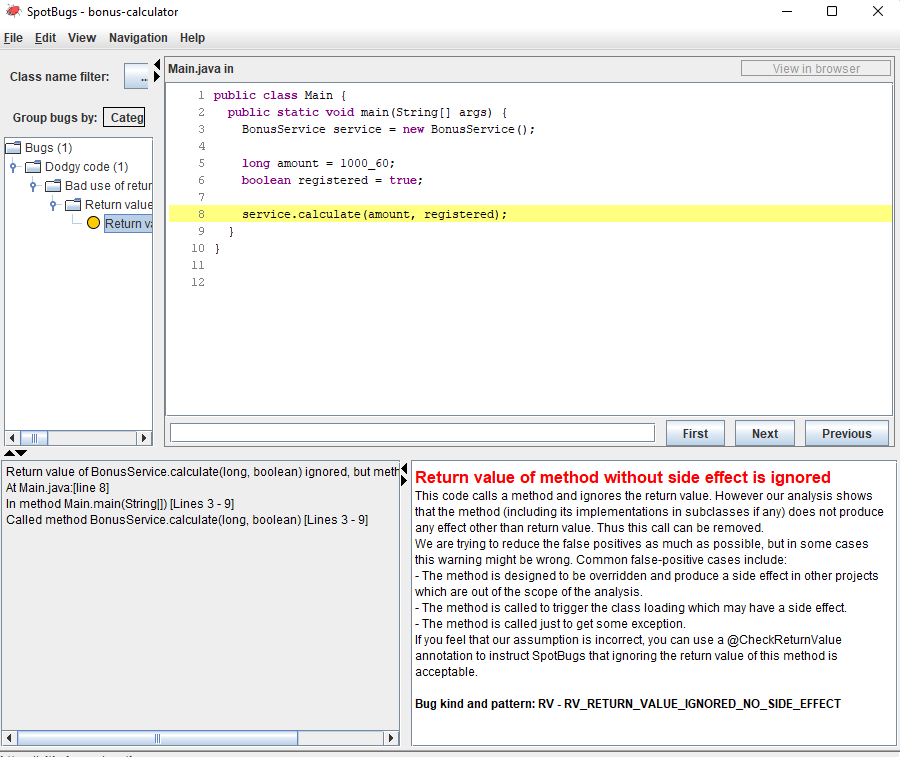 Команда Maven "mvn clean compile spotbugs:check" выполняется с ошибкой "RV_RETURN_VALUE_IGNORED ...