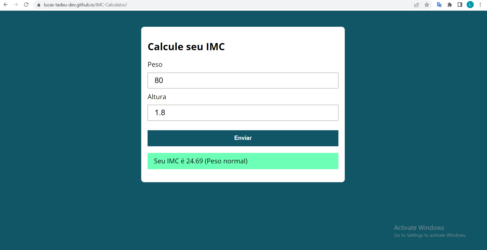 GitHub - lucas-tadeu-dev/IMC-Calculator: Calculo do IMC, o usuário coloca seu peso e altura.