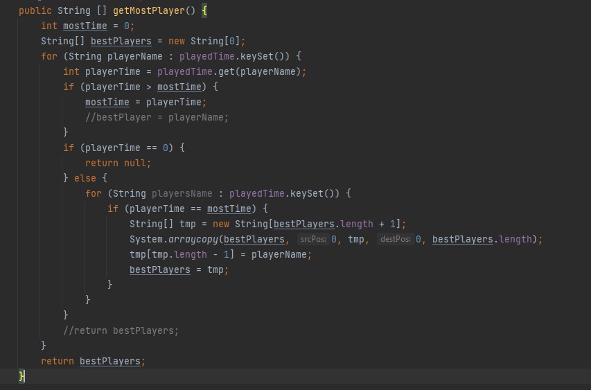 Метод getMostPlayer возвращает одного игрока, даже если наиграно равное время · Issue #5 ...