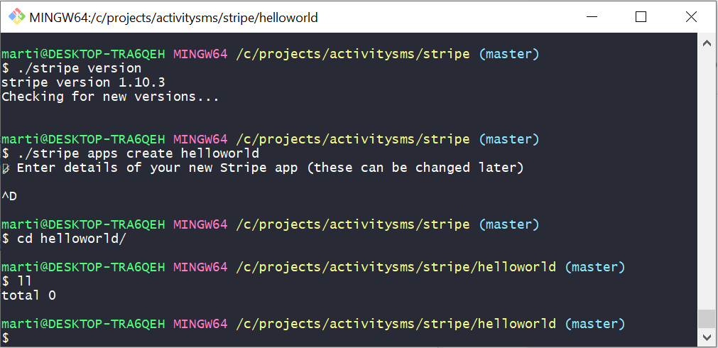 No prompt provided when ysing 'script apps create' in Git Bash, Windows 10 · Issue #890 · stripe ...