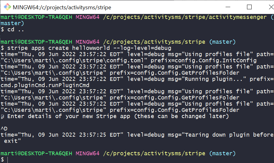 No prompt provided when ysing 'script apps create' in Git Bash, Windows 10 · Issue #890 · stripe ...