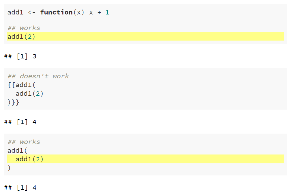highlighting with {{}} does not work if more than one line of code ...