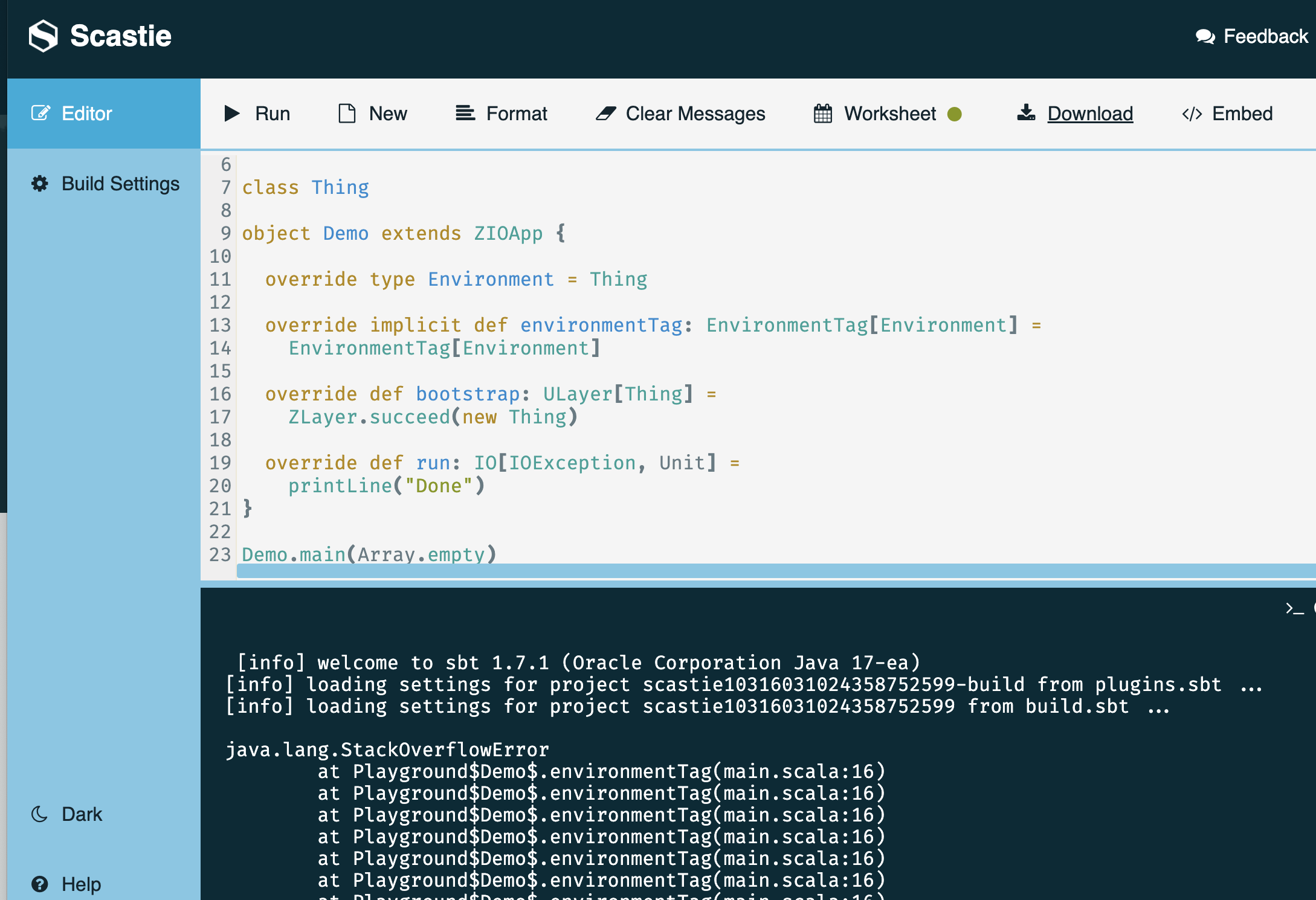 StackOverflow in EnvironmentTag with simple ZIO 2.0.0 app · Issue #7302 · zio/zio · GitHub