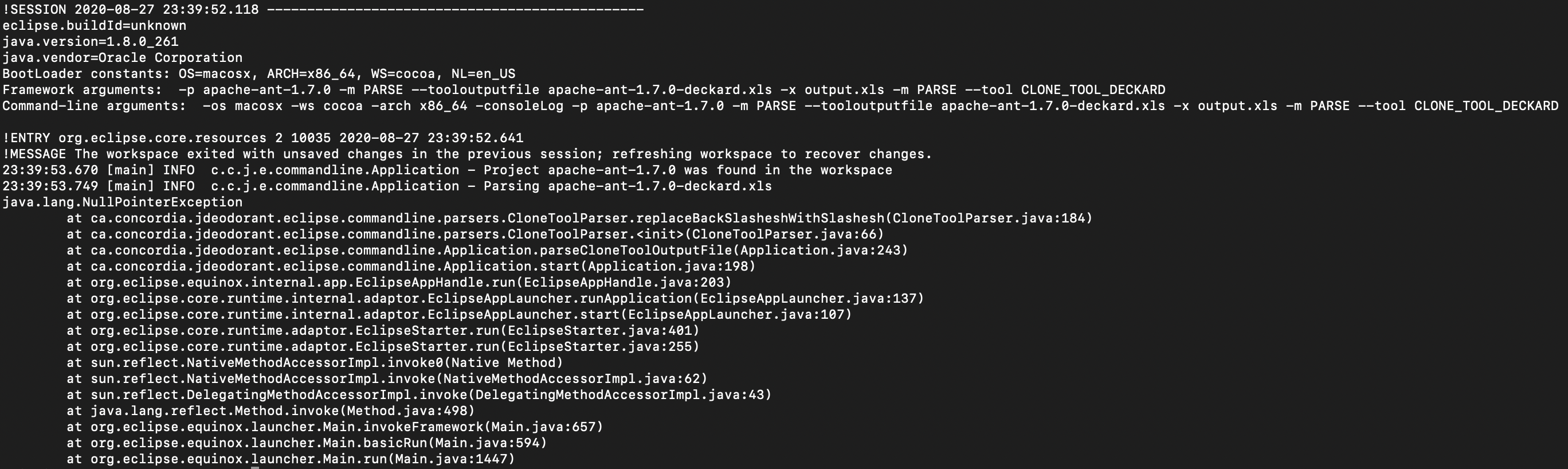 Plug-in "ca.concordia.jdeodorant.eclipse.commandline-lambda" was unable to instantiate class "ca ...