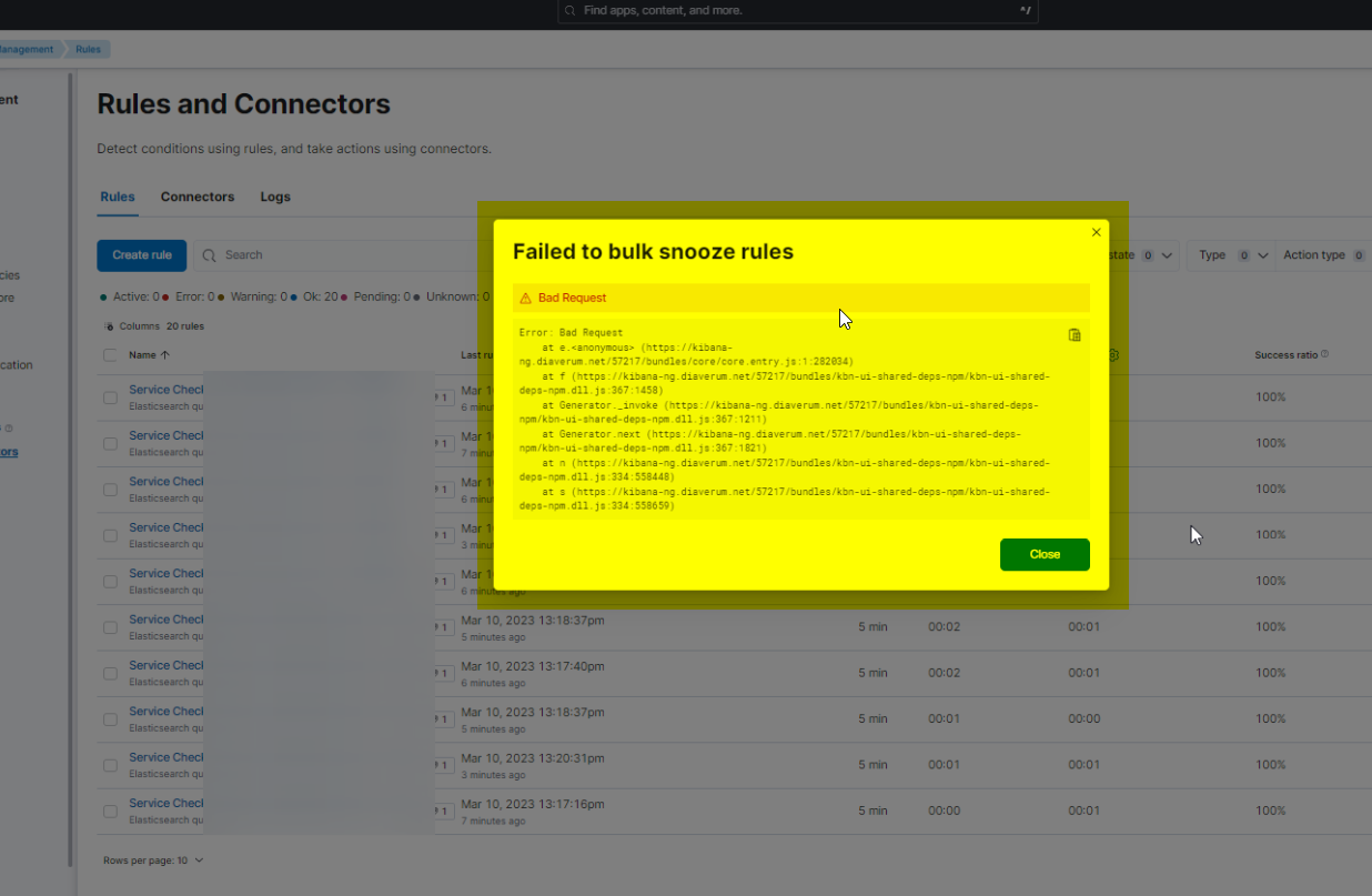Kibana Schedule Snooze on Alerts doesn't work. 400 Bad Request. · Issue #153175 · elastic/kibana ...