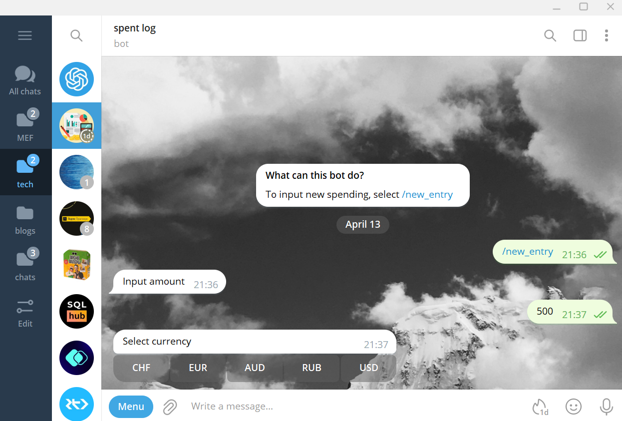 GitHub - vdmilov/spent_logger_bot: Telegram bot that logs personal spendings in Google Sheets