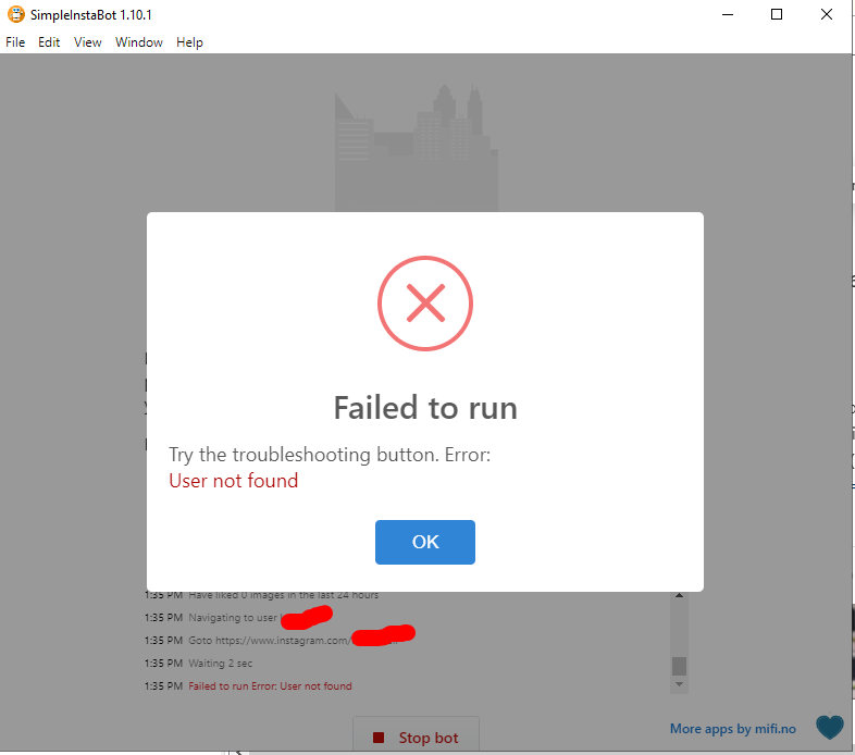 [BUG] Failed to run Try the troubleshooting button. Error: User not ...