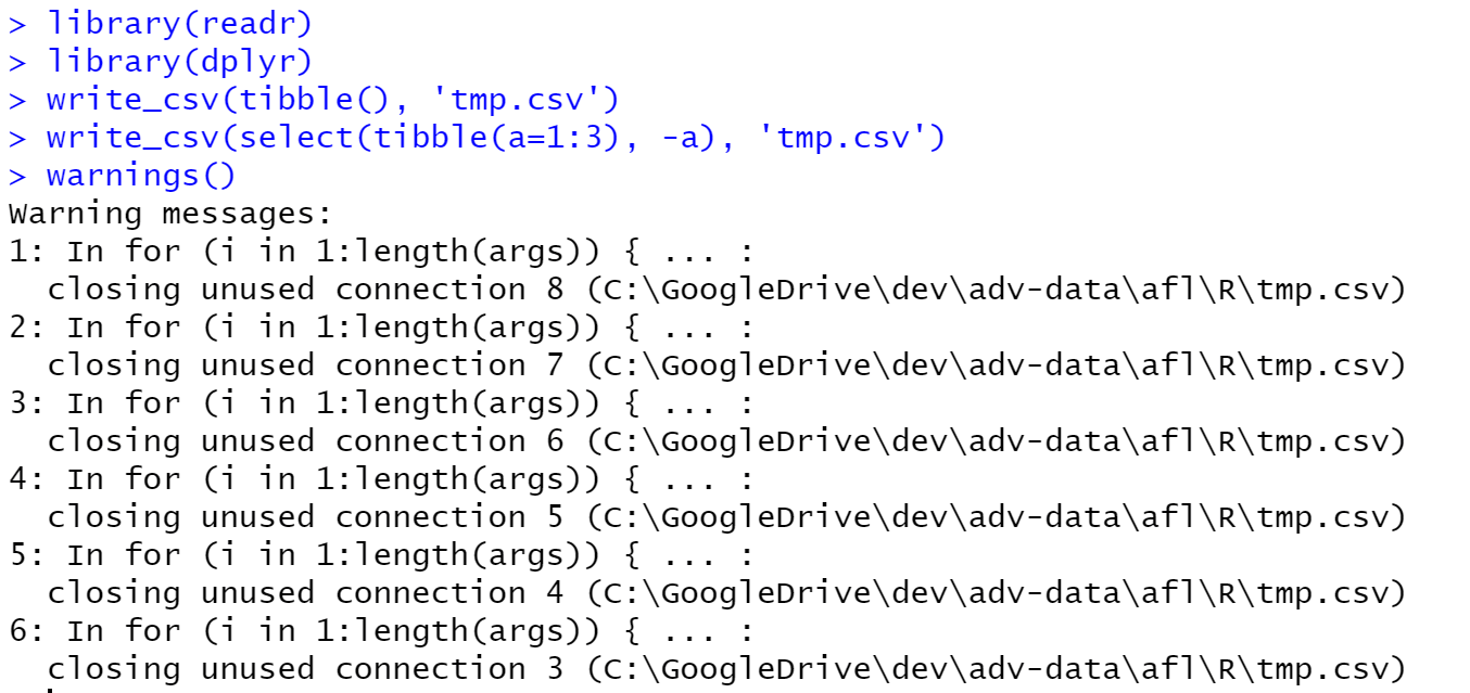 write_csv doesn't close the connection for an empty tibble · Issue #1443 · tidyverse/readr · GitHub